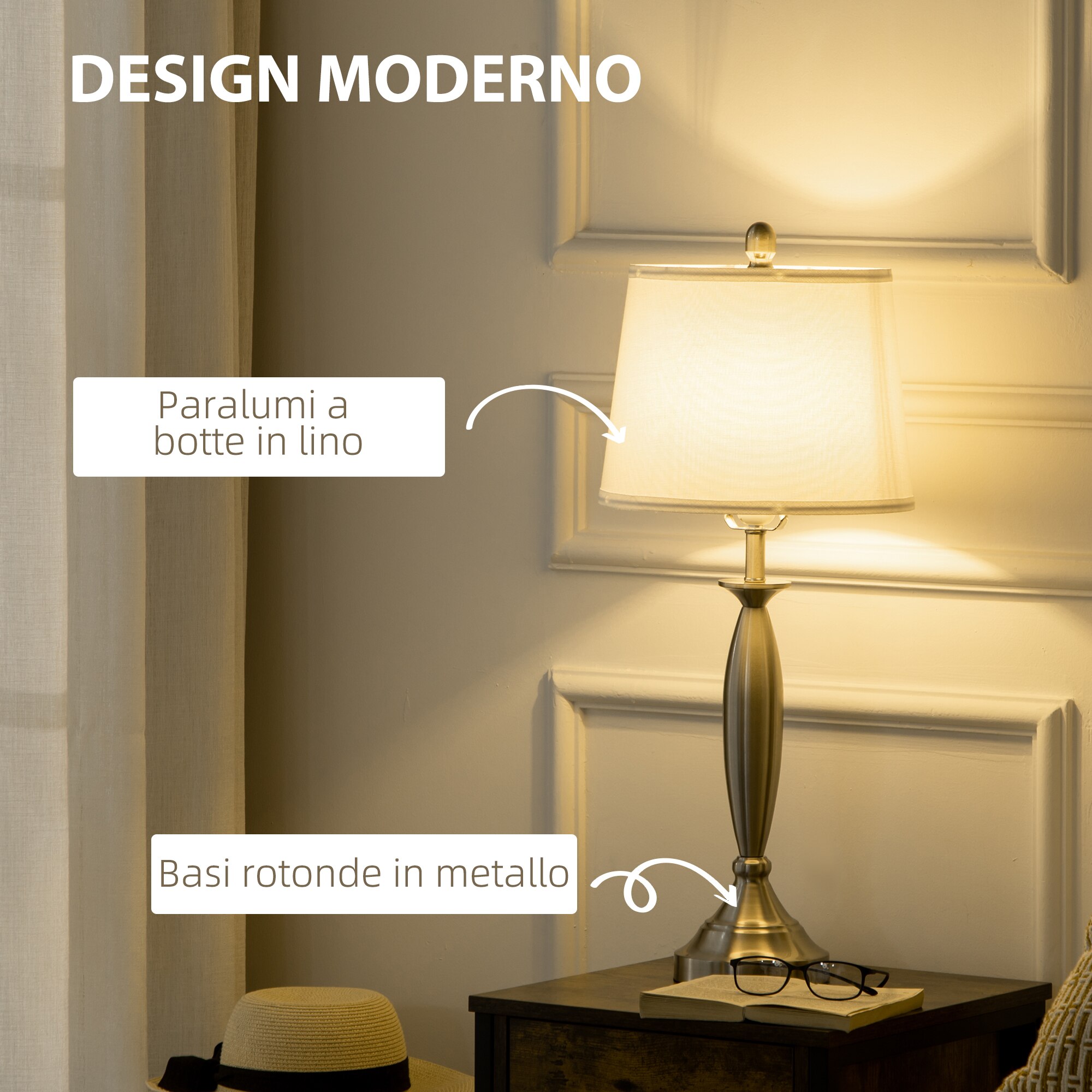 Set cu lampa de podea si veioza de masa din otel si stofa pentru ...