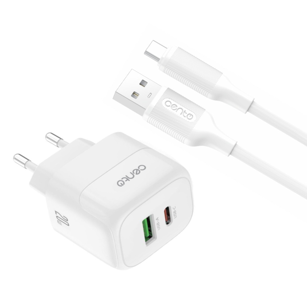 Set Incarcator Retea Fast Charge CENTO P212 Alb cu cablu de date ...