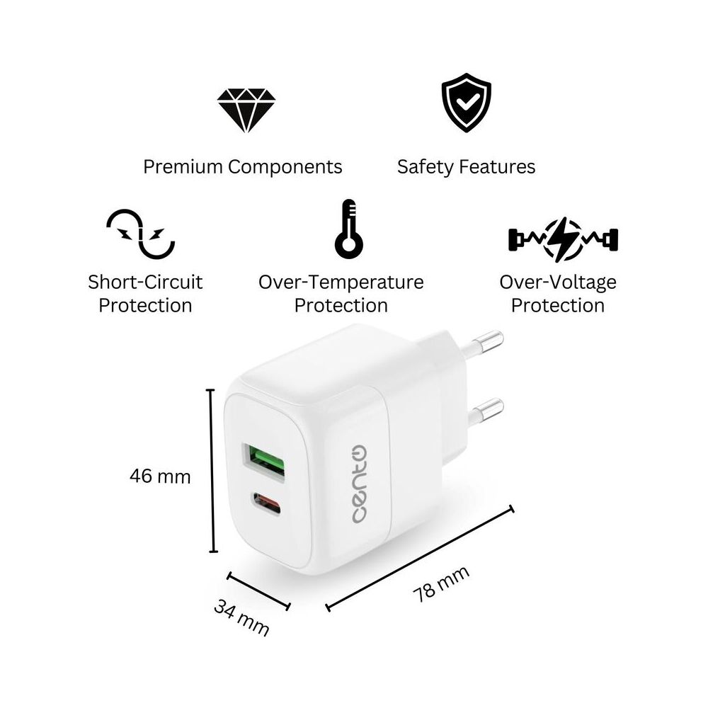Set Incarcator Retea Fast Charge CENTO P212 Alb cu cablu de date ...