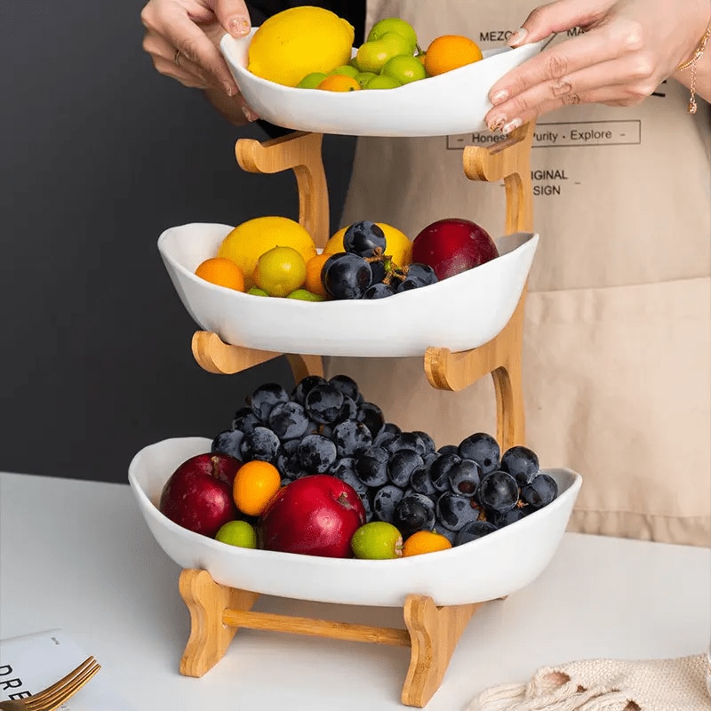 Fructiera Etajata din Ceramica, Zoffer, Suport de Lemn, Alb - eMAG.ro