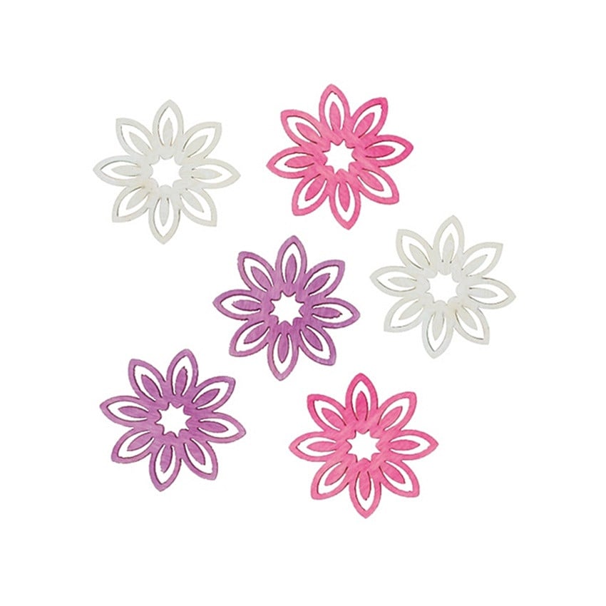 Set 6 flori din lemn decupat si vopsit - alb-roz-mov, 6 cm - eMAG.ro