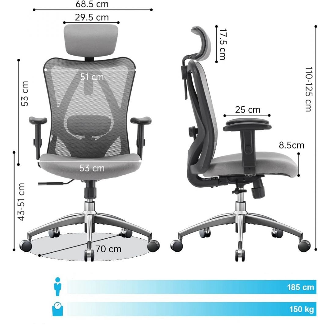 Scaun ergonomic SIHOO, pivotant, suport lombar, tetiera, cotiera ...