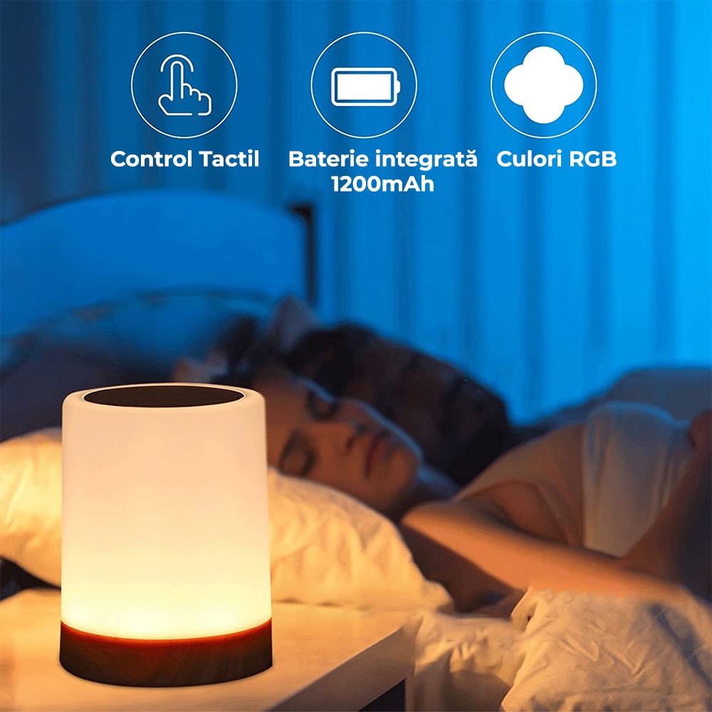 Lampa de veghe cu control tactil, Incarcabila, LED, RGB, Functie de ...