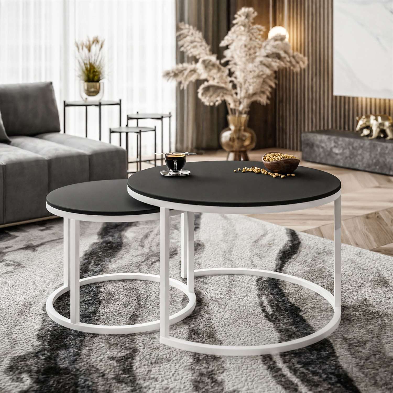 Masa de Cafea Rotunda CIRI 2in1, Lukmebel, Alb/ Negru, Mare 70x48 cm si ...
