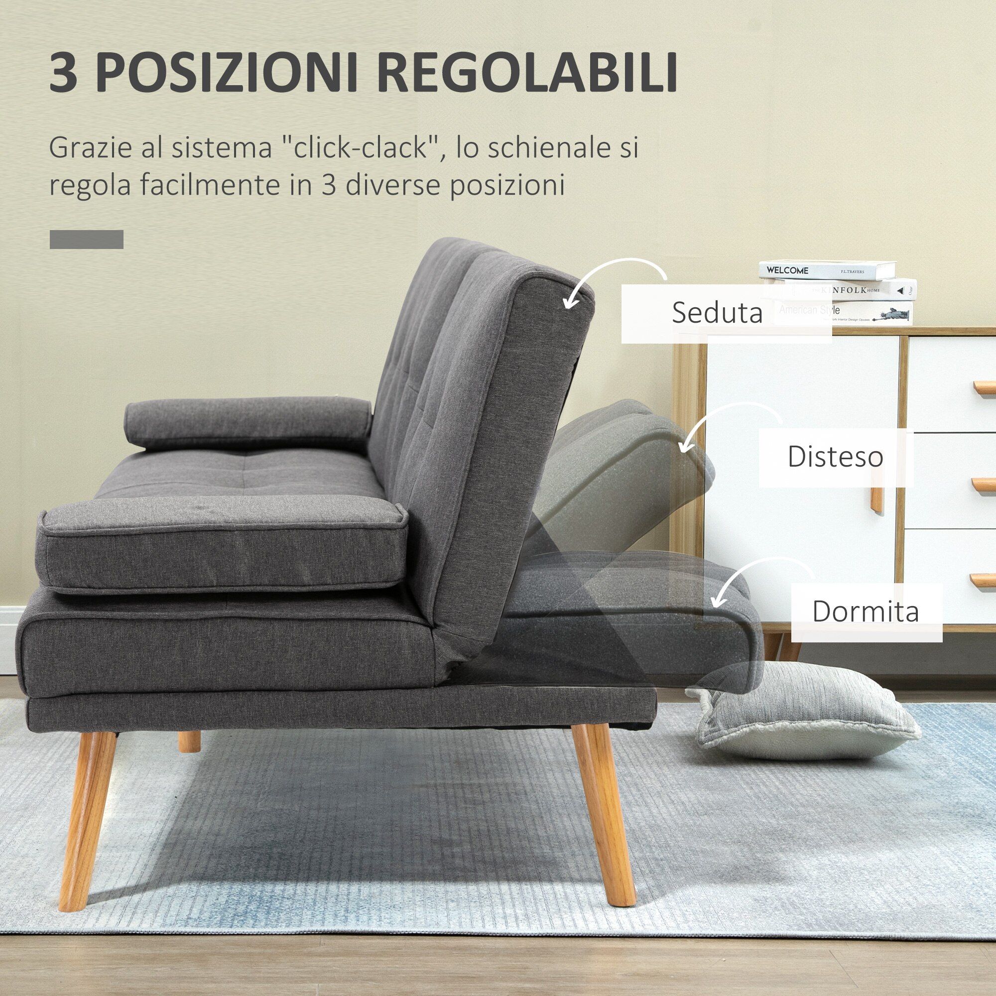 Canapea extensibila cu 3 locuri, cu 2 brate detasabile, din material cu ...