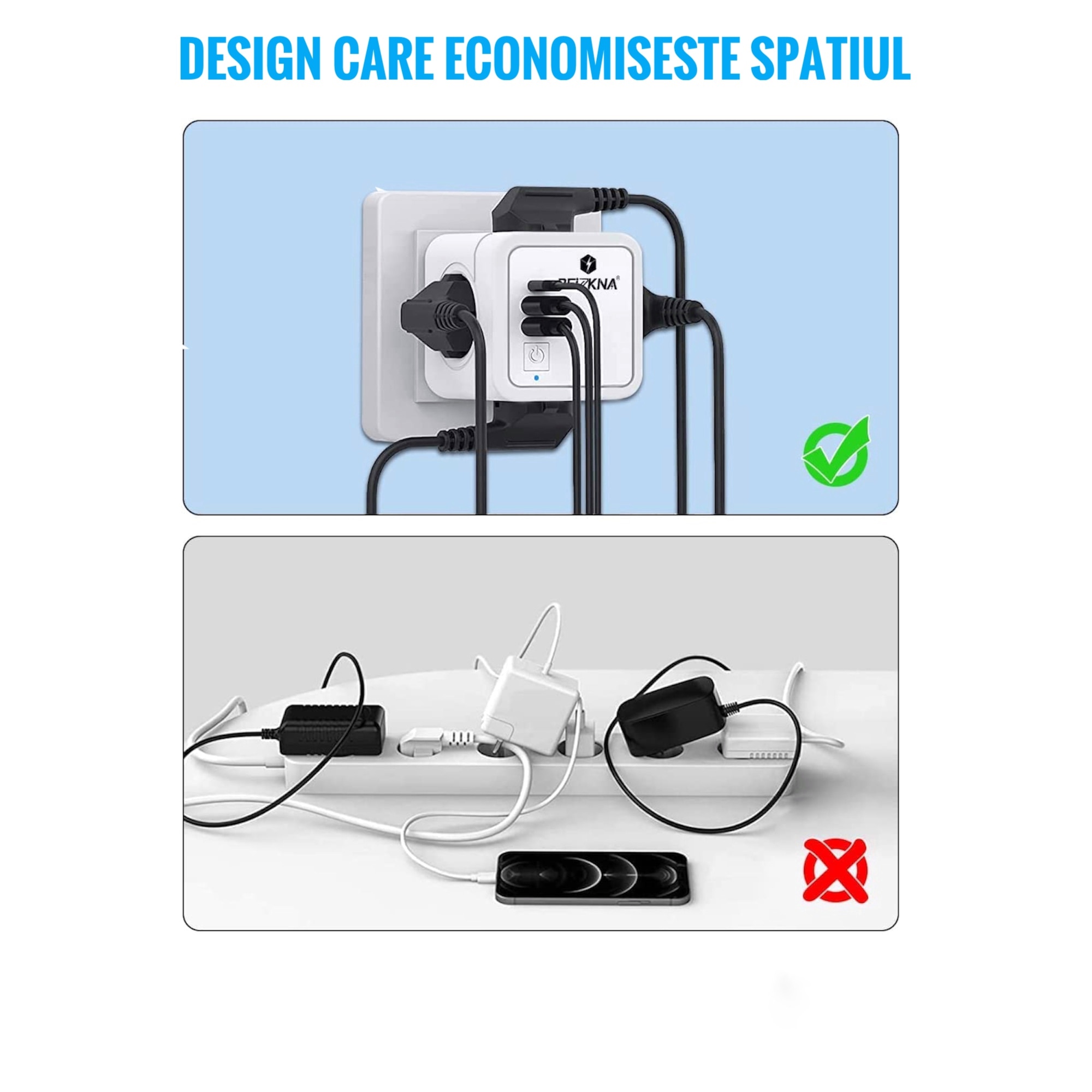 Priza de alimentare Beizkna, cu 2xUSB Type-A, USB Type C, 4 prize, Alb ...