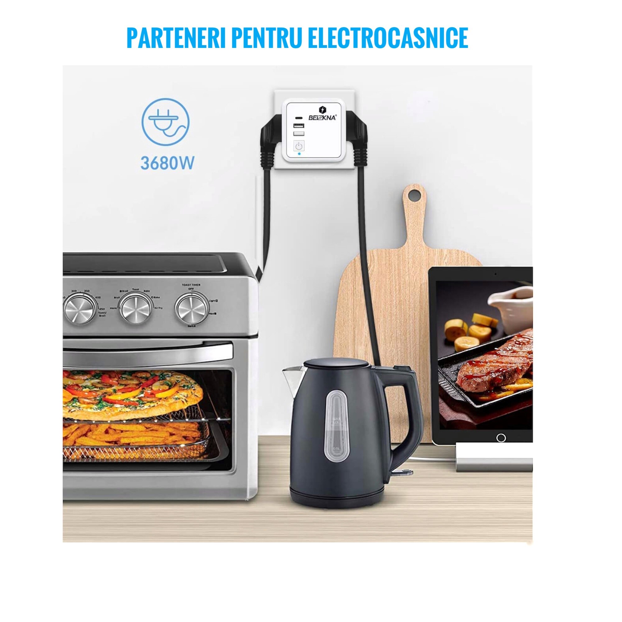 Priza de alimentare Beizkna, cu 2xUSB Type-A, USB Type C, 4 prize, Alb ...