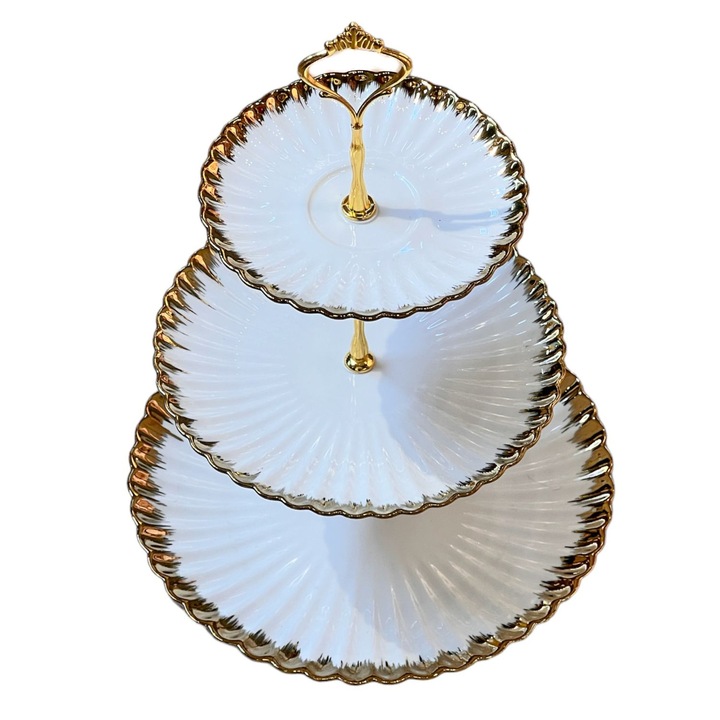 Platou prajituri supraetajat, 3 niveluri, Candy Bar, Golden, Alb cu ...