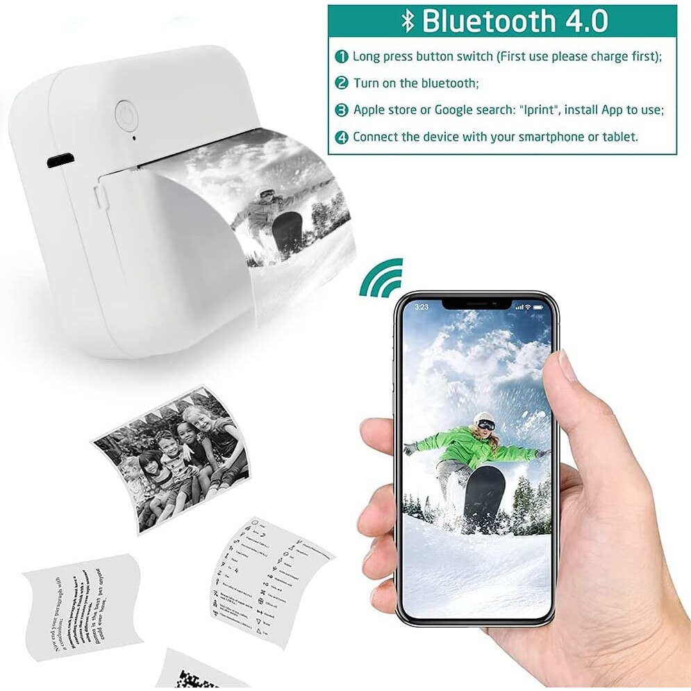 Set mini imprimanta termica si role hartie, 13 buc, iOS/Android ...