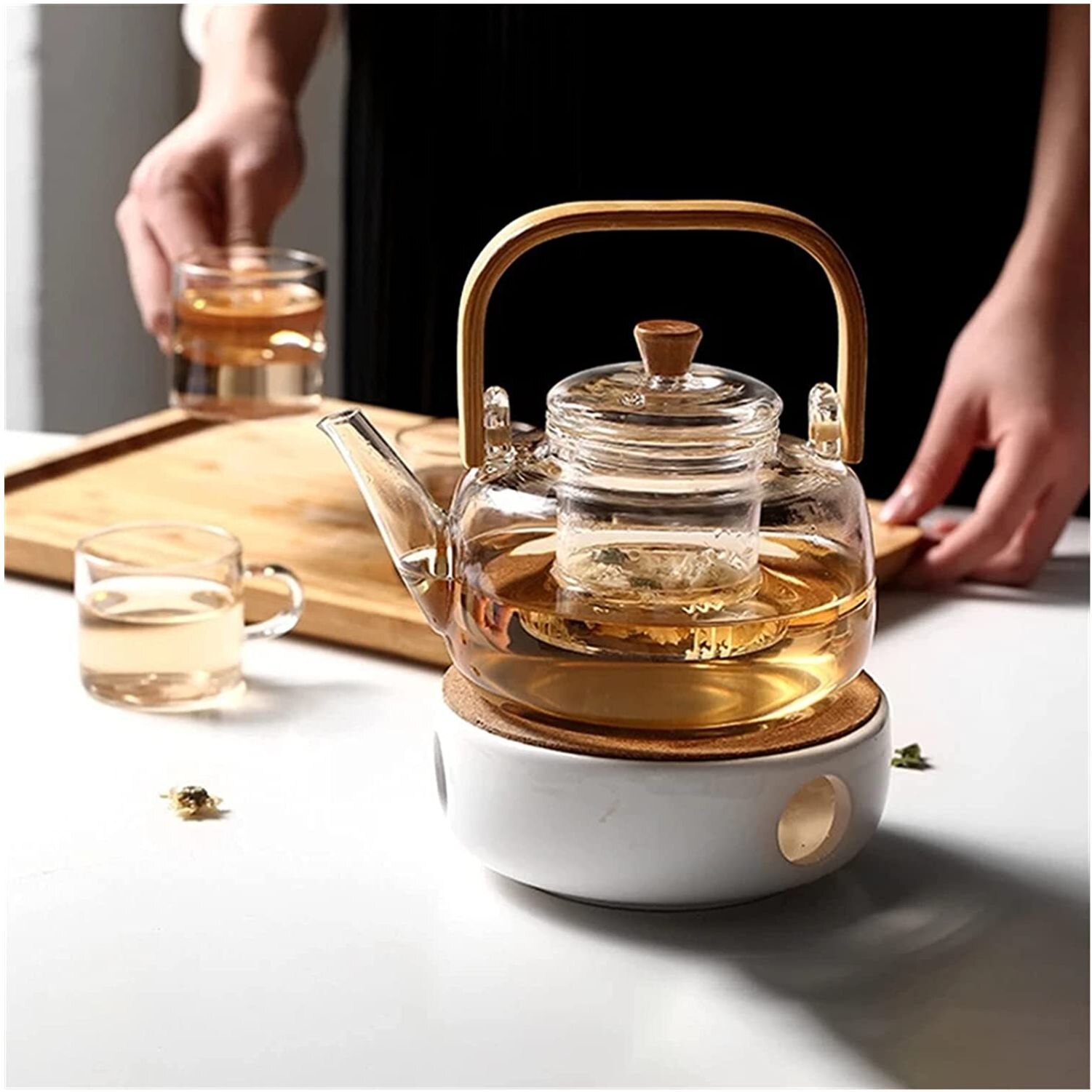 Ceainic cu infuzor din sticla borosilicata si maner bambus, COPPER ...