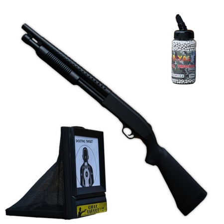 Pusca Airsoft Shotgun M500 negru, tinta cu recuperator, 2000 bile 6mm 0 ...