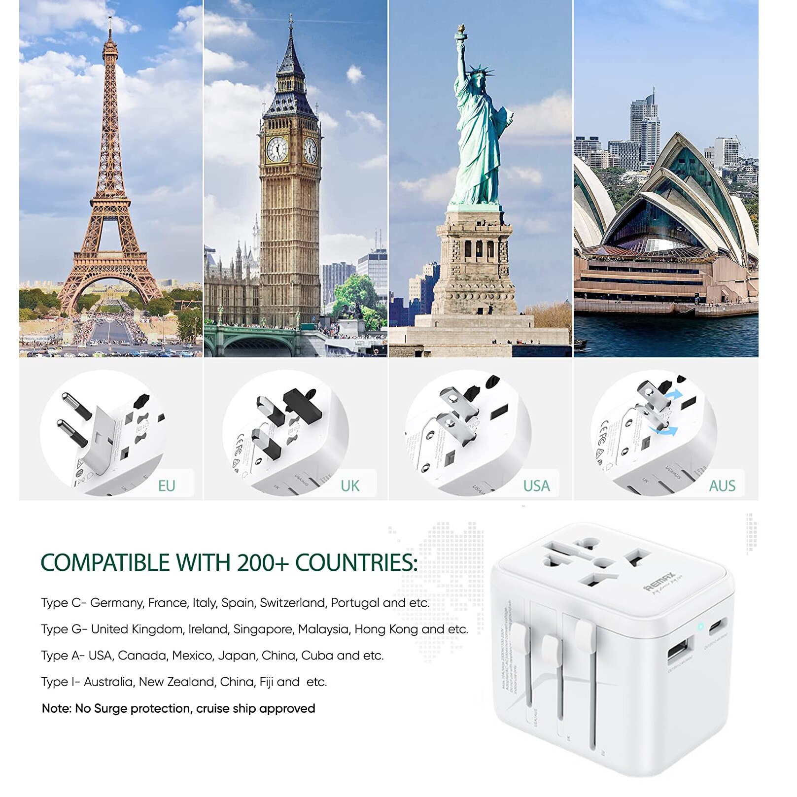 Adaptor Priza Universal de Calatorie, AEWOYAD, 2400 W, USB-A/Type-C ...