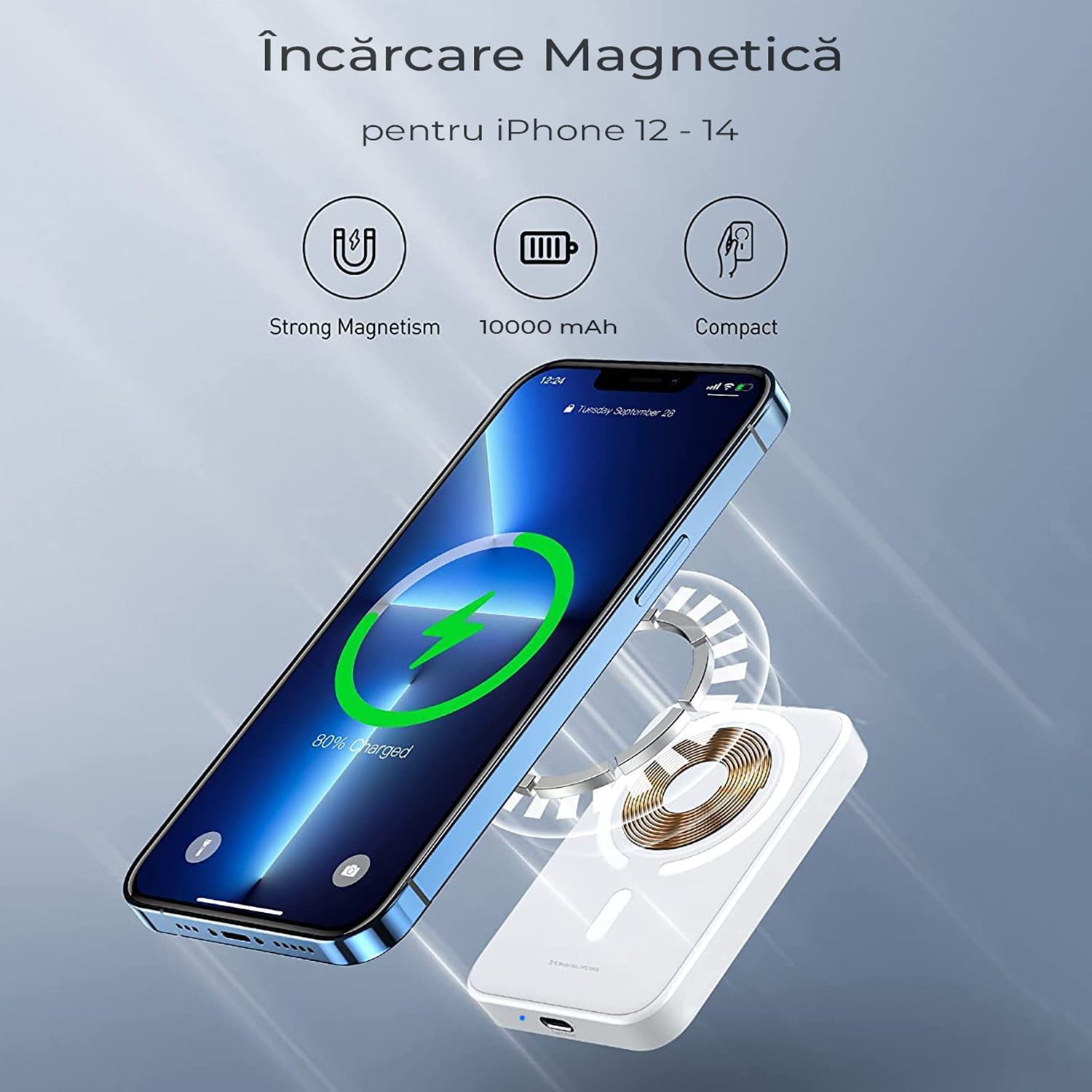 Incarcator wireless magnetic MagSafe, compatibil iPhone, PowerBank ...