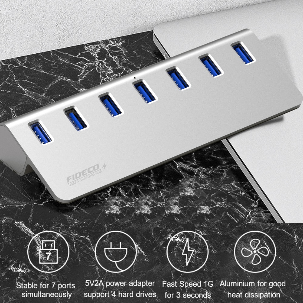 Fideco USB hub 7 USB 3.0 porttal, Type-C, hordozható többportos adapter, alumínium, 350 mb/s, PC ...