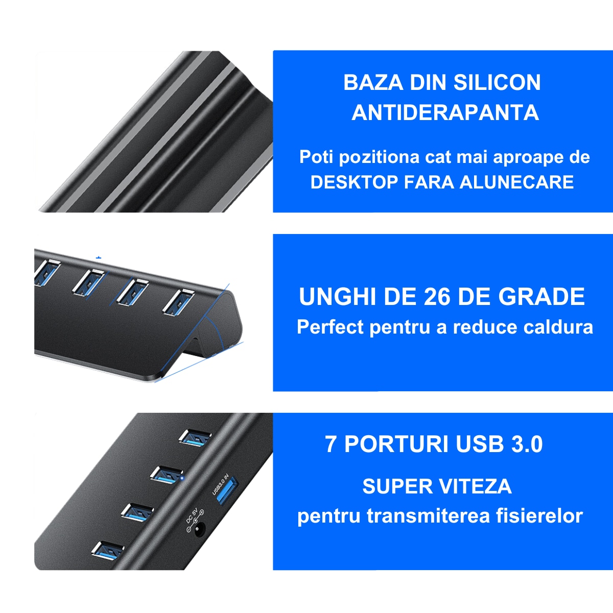 Hub USB Cu 7 porturi USB 3.0, FIDECO, Type-C, Adaptor Multiport ...