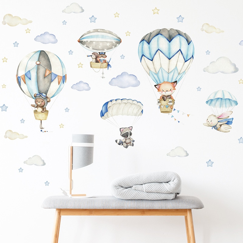 Sticker Autocolant Perete Copii, Animale in Balon cu Aer Cald si ...