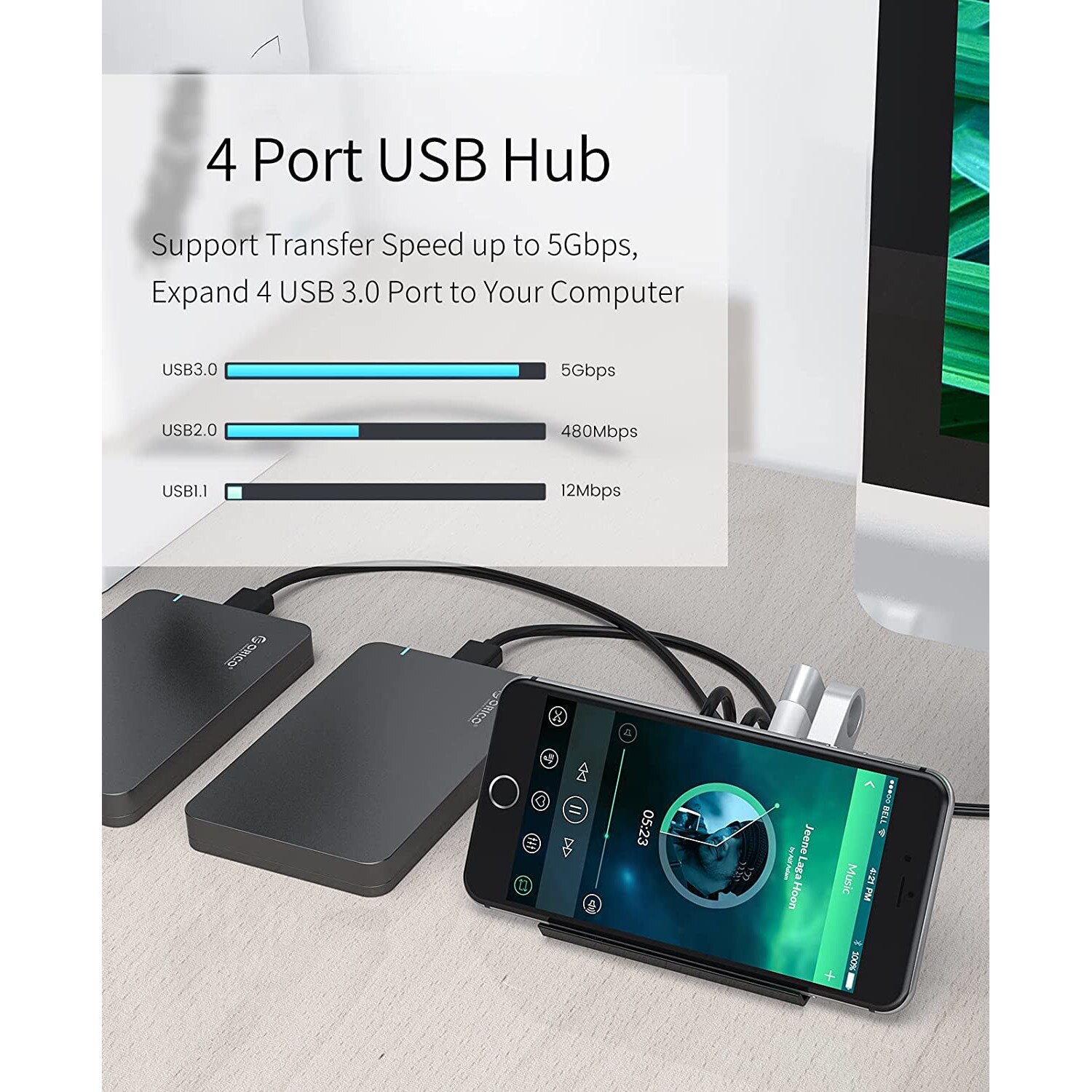 Hub USB 3.0 cu 4 porturi, Orico, Suport pentru telefon/tableta inclus ...