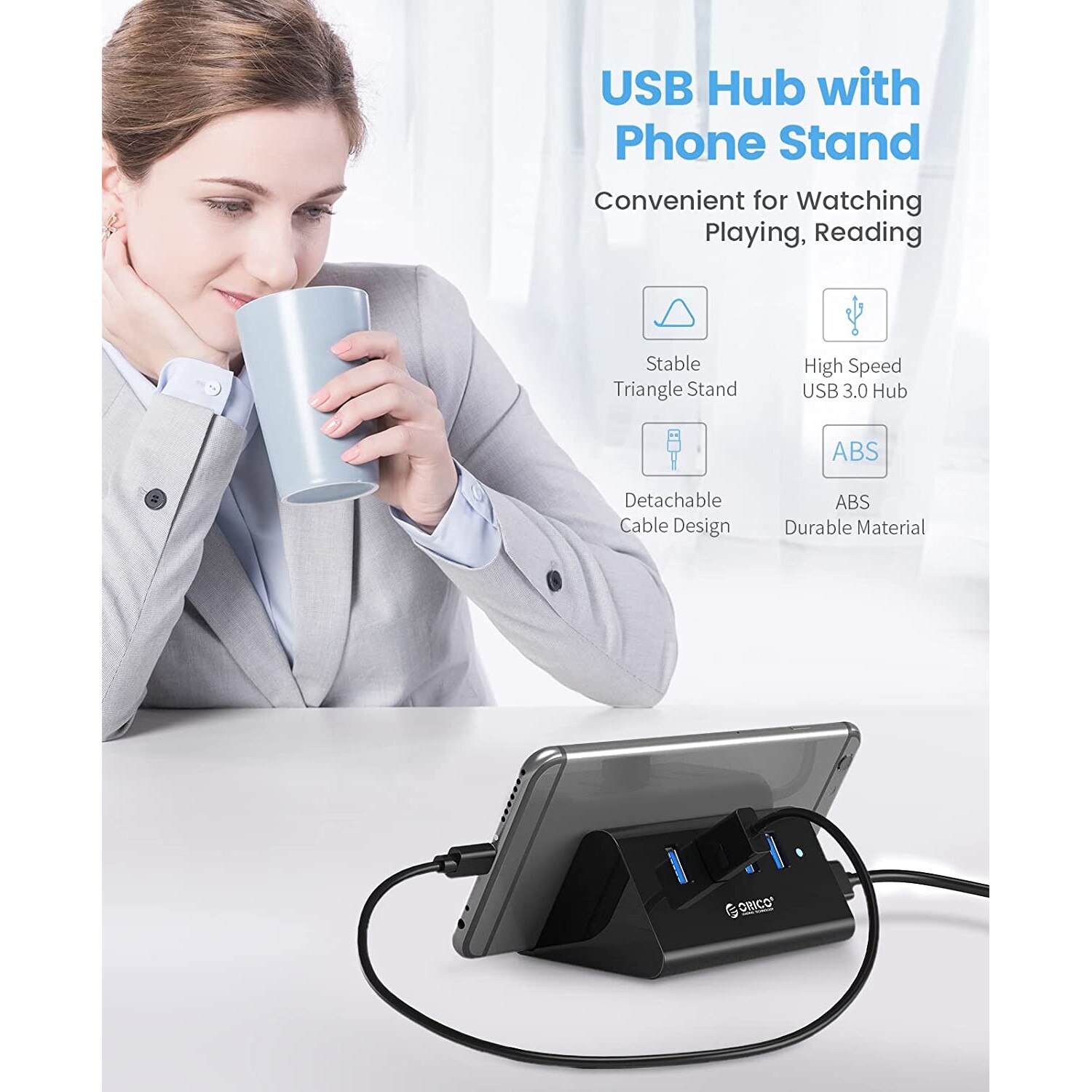 Hub USB 3.0 cu 4 porturi, Orico, Suport pentru telefon/tableta inclus ...
