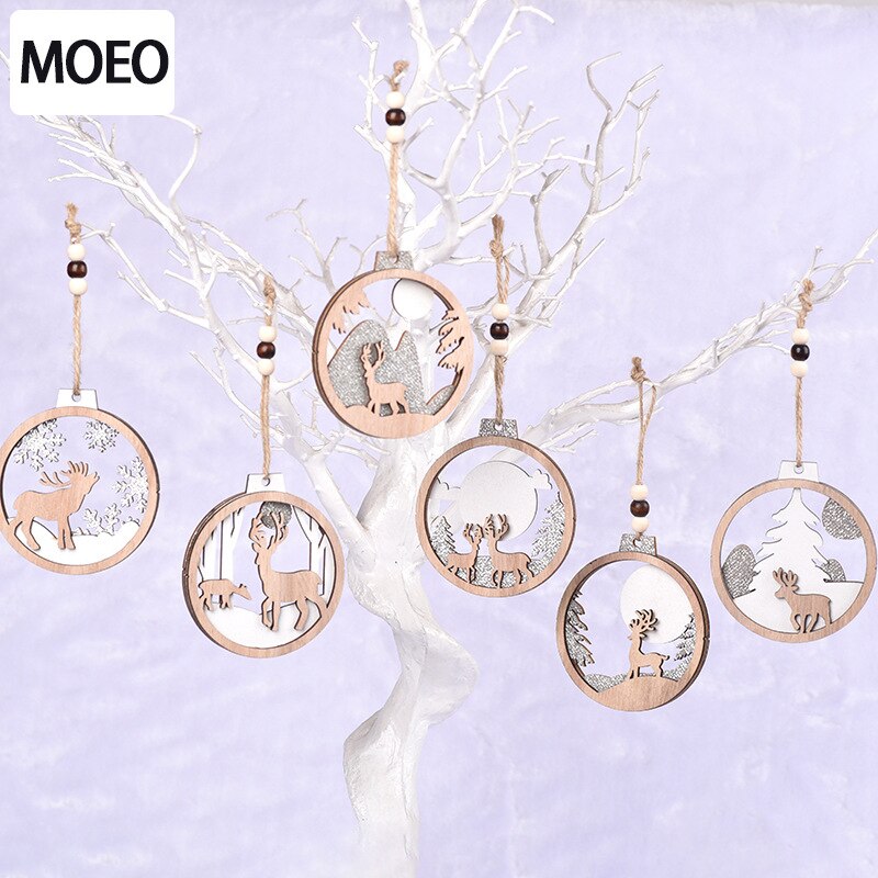 Set 6xornamente brad, Lemn, Universal, Maro/Alb - eMAG.ro