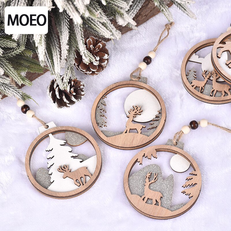 Set 6xornamente brad, Lemn, Universal, Maro/Alb - eMAG.ro
