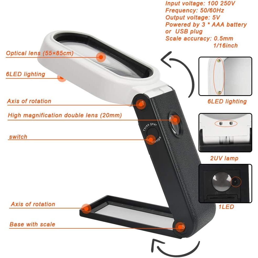 Lupa cu LED-uri 5X 25X cu suport pliabil, 3 moduri pentru lectura 85 x ...