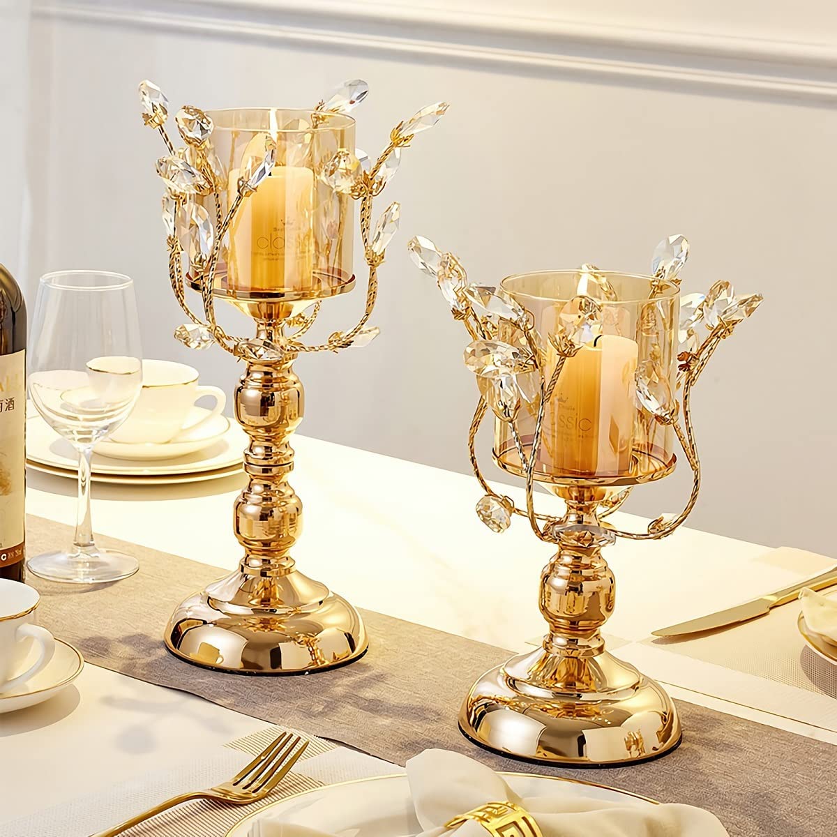 Set de 2 sfesnice, Metal/Sticla, 21 cm, Auriu - eMAG.ro