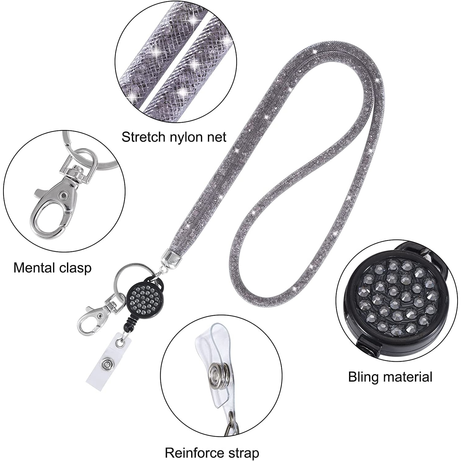 Set 2 bucati de suporturi insigna retractabila cu snur pentru chei, Gri ...