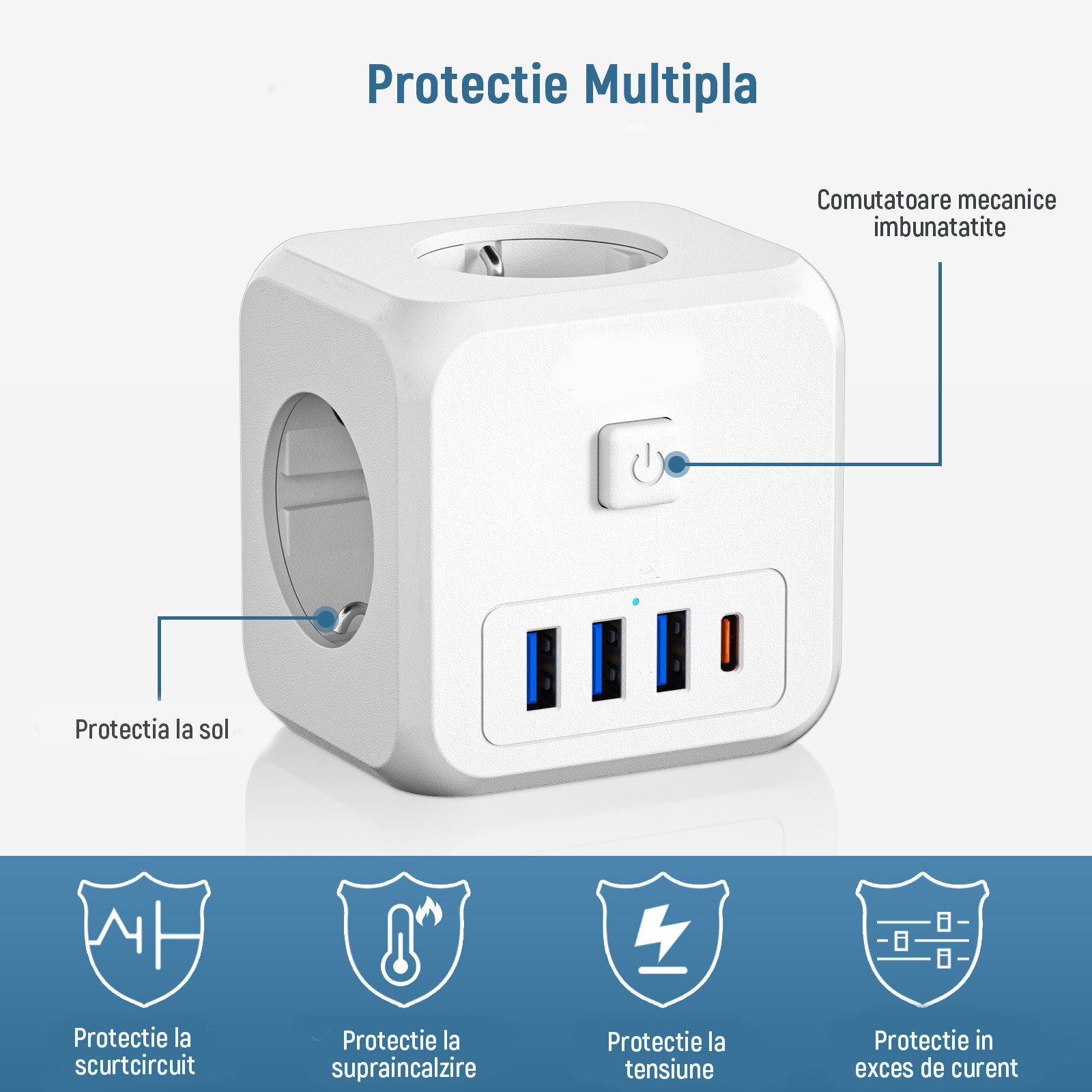 Adaptor priza 7 in 1, 3 x prize, 3 x USB, 1 x Type-C, cu intrerupator ...