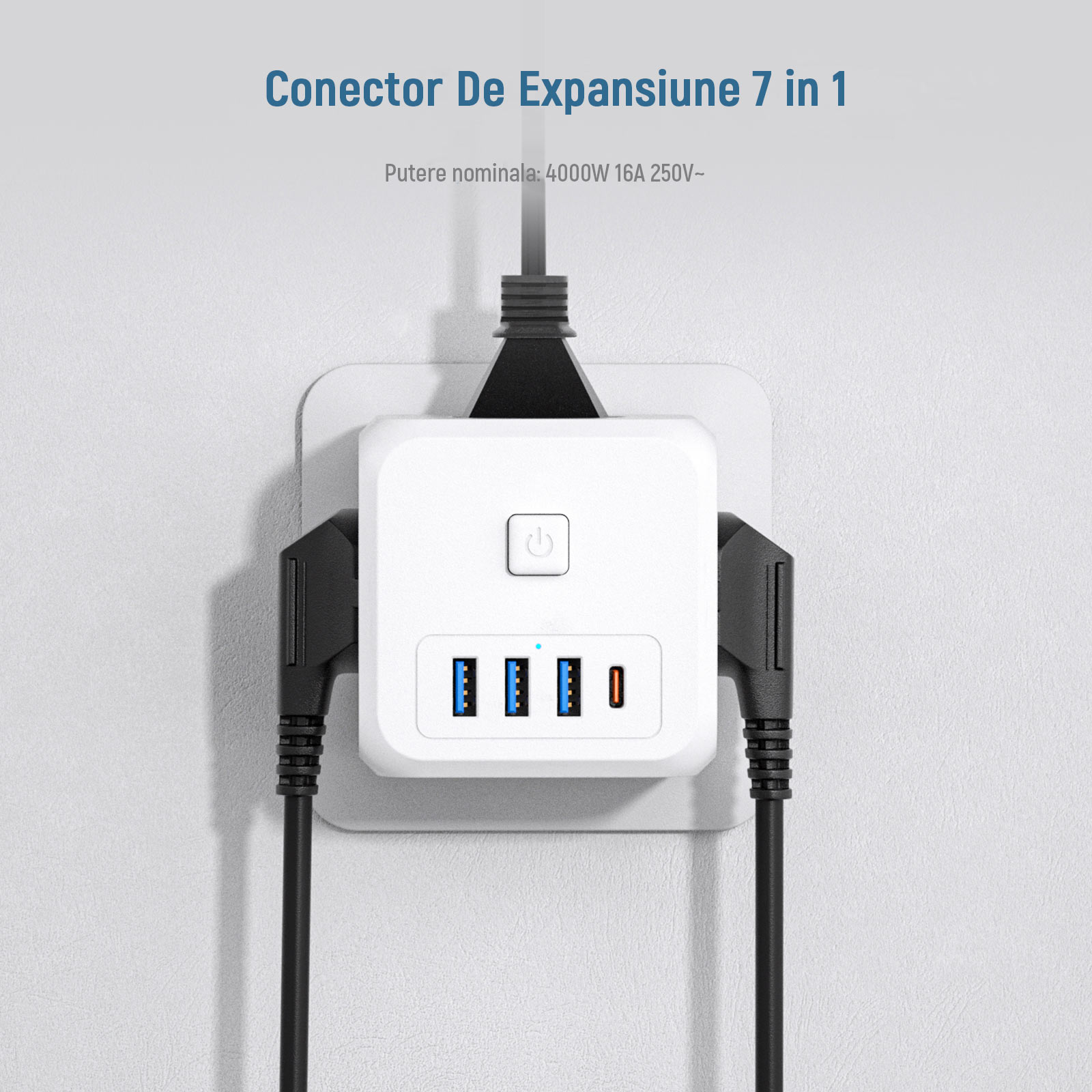 Adaptor priza 7 in 1, 3 x prize, 3 x USB, 1 x Type-C, cu intrerupator ...
