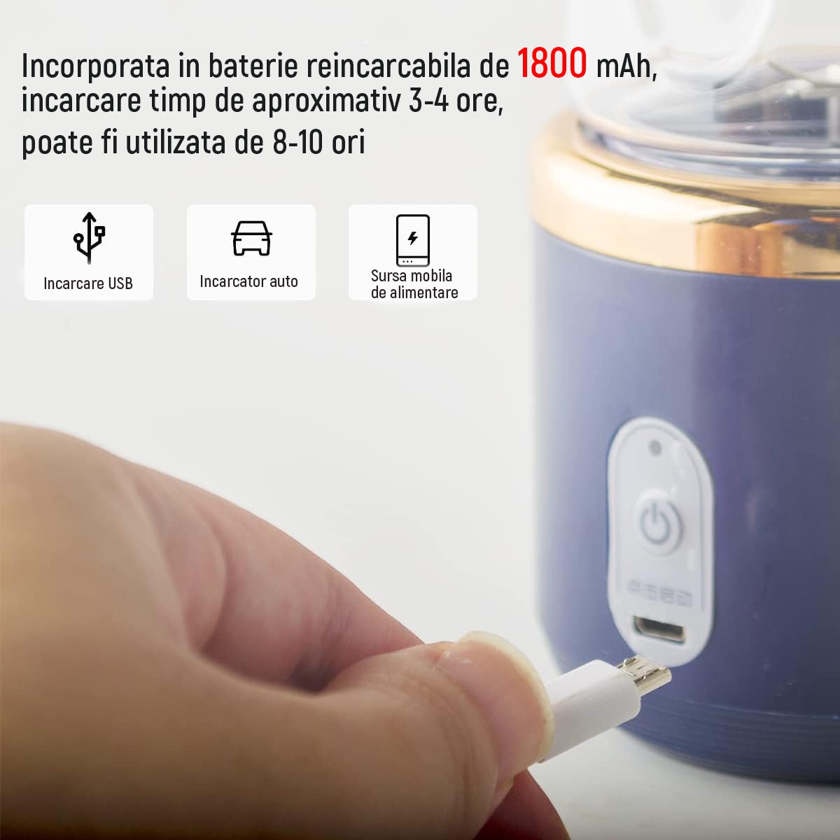 Mini blender electric wireless, cu 2 vase x 400ml, 6 Lame din otel inoxidabil, portabil, 1200mAh ...