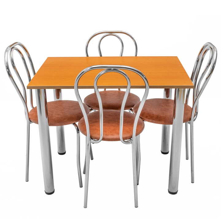 Set masa cu 4 scaune Tulipan cadru crom, piele ecologica cognac, DENVER ...