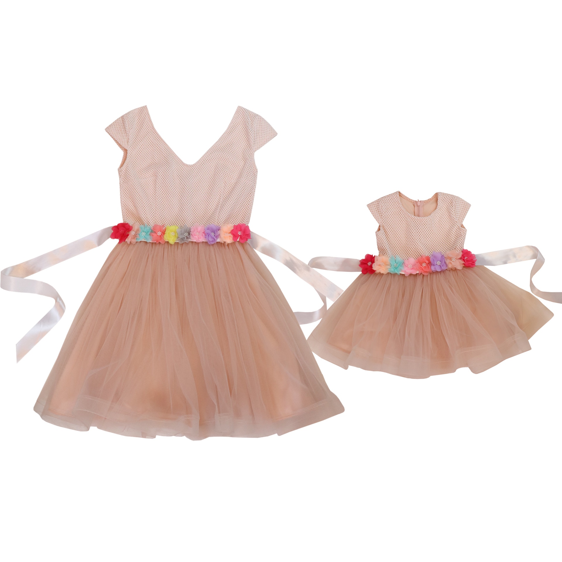 Set mama-fiica, rochii tull, roz somon, marimea S si 5/6 ani - eMAG.ro