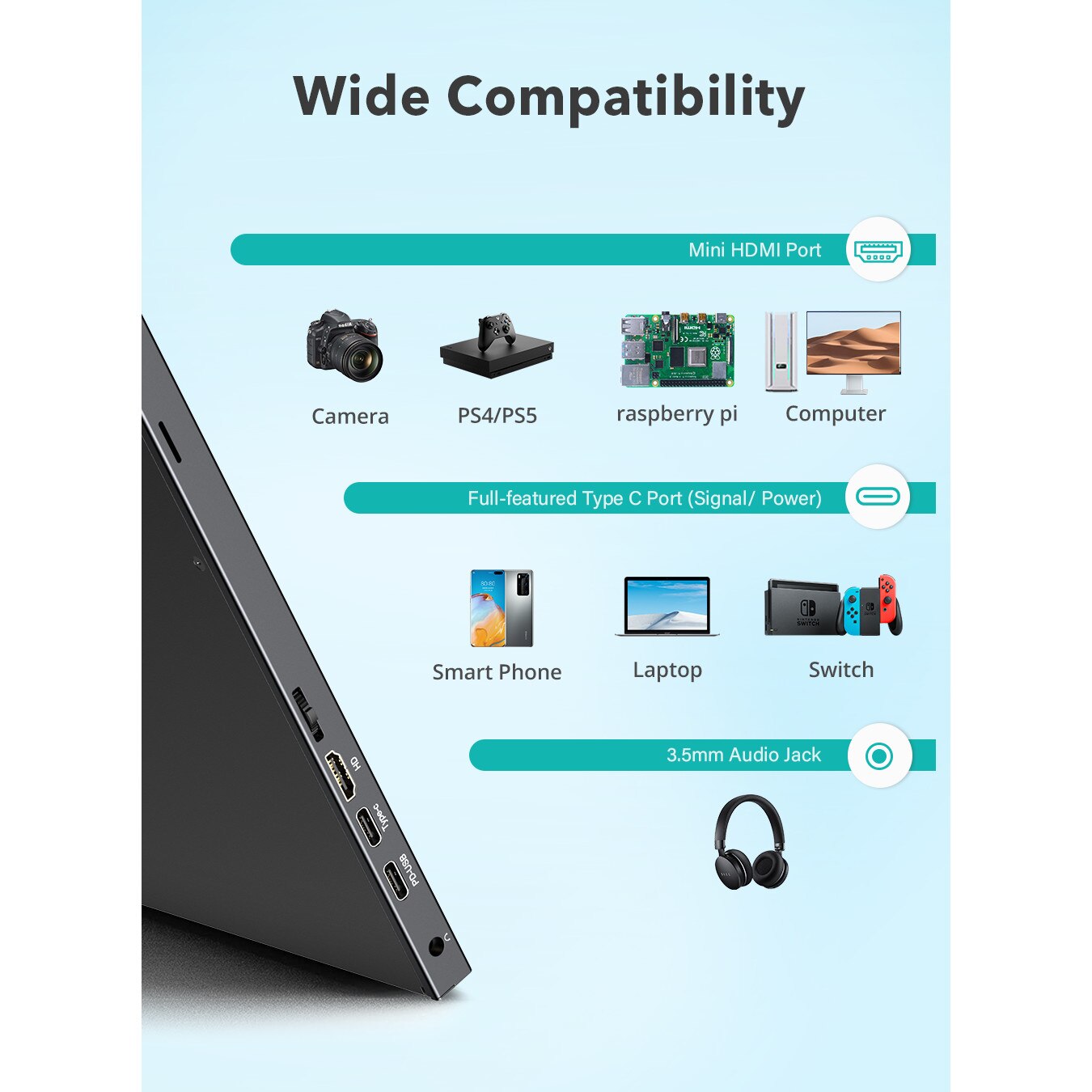 Monitor portabil, Uperfect, 2560x1440 px, 17.3 inci, 178 °, IPS, HDR ...