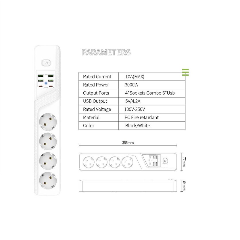 Универсален разклонител с 3 гнезда, Power Socket BKL-19, 4.2А, 4 USB ...