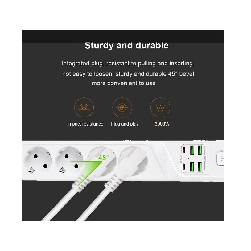 Универсален разклонител с 3 гнезда, Power Socket BKL-19, 4.2А, 4 USB ...