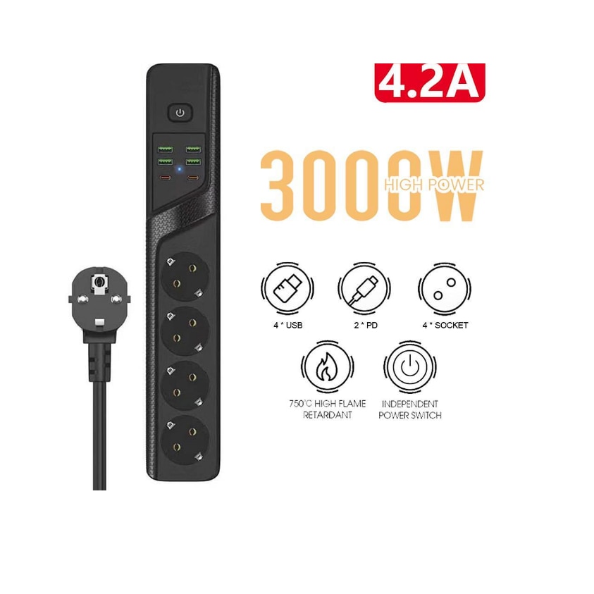 Универсален разклонител с 3 гнезда, Power Socket BKL-19, 4.2А, 4 USB ...