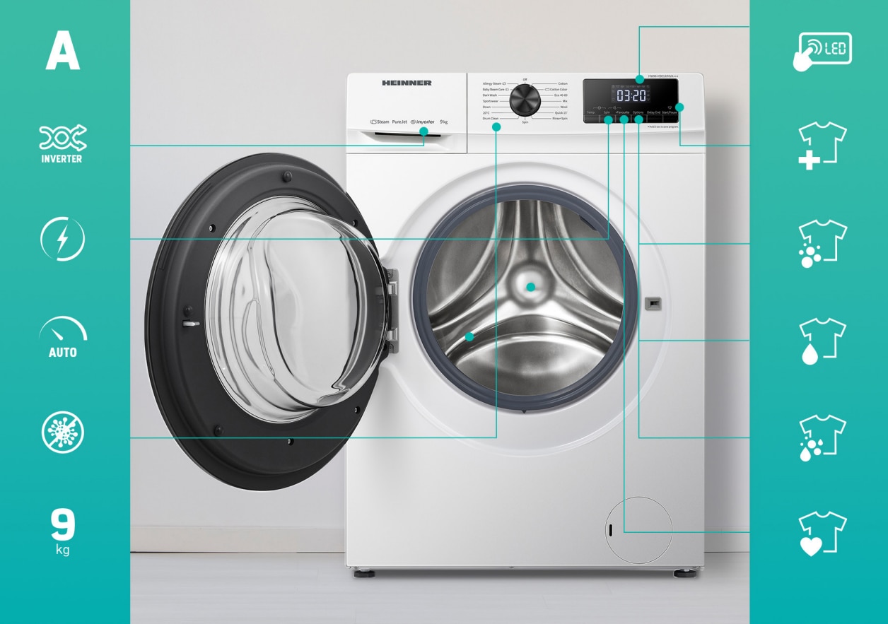 Masina de spalat rufe Heinner HWM-H9014INVA+++, 9 kg, 1400 rpm, Clasa A, Motor inverter, Display ...