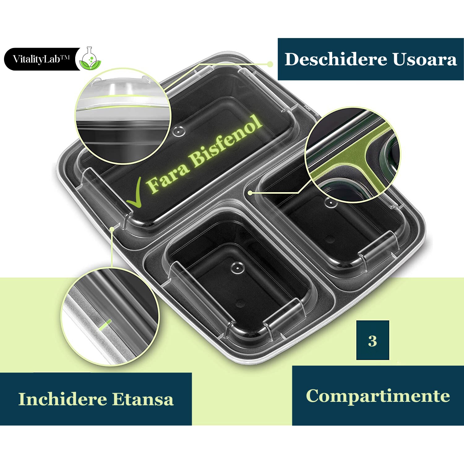 Caserola compartimentata Vitality Lab™, set 10 bucati, 3 compartimente ...