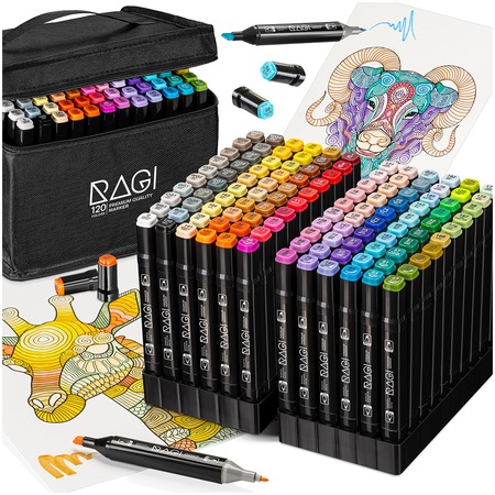 Set 120 de markere colorate RAGI, capete duble, cerneala pe baza de ...