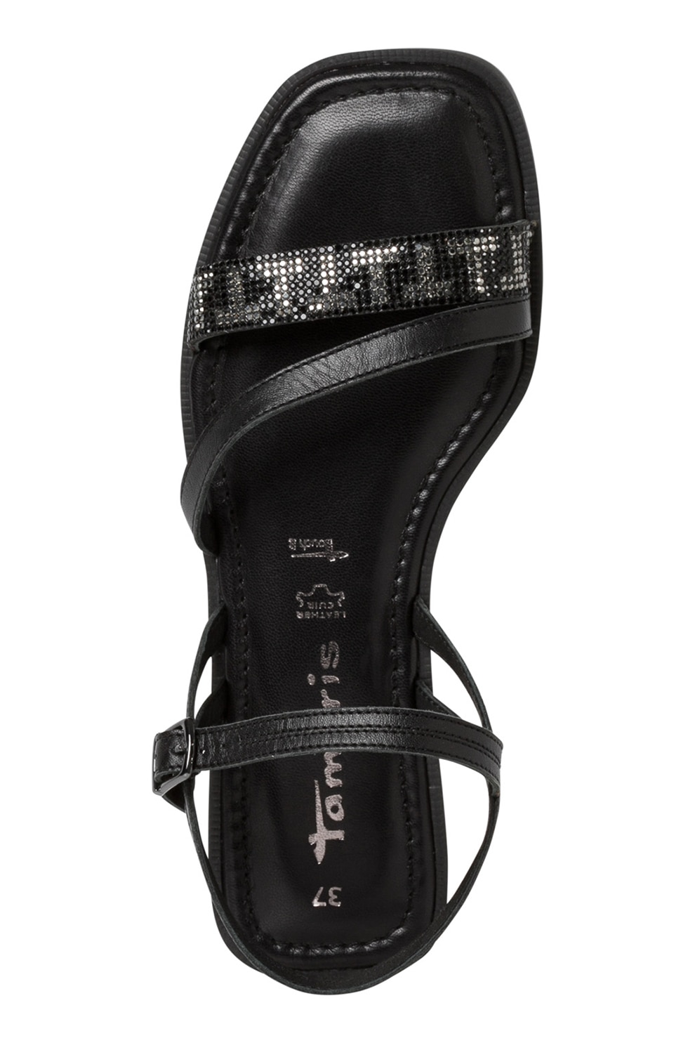 Tamaris, Sandale de piele cu aplicatii cu strasuri, Negru, Argintiu, 38 ...