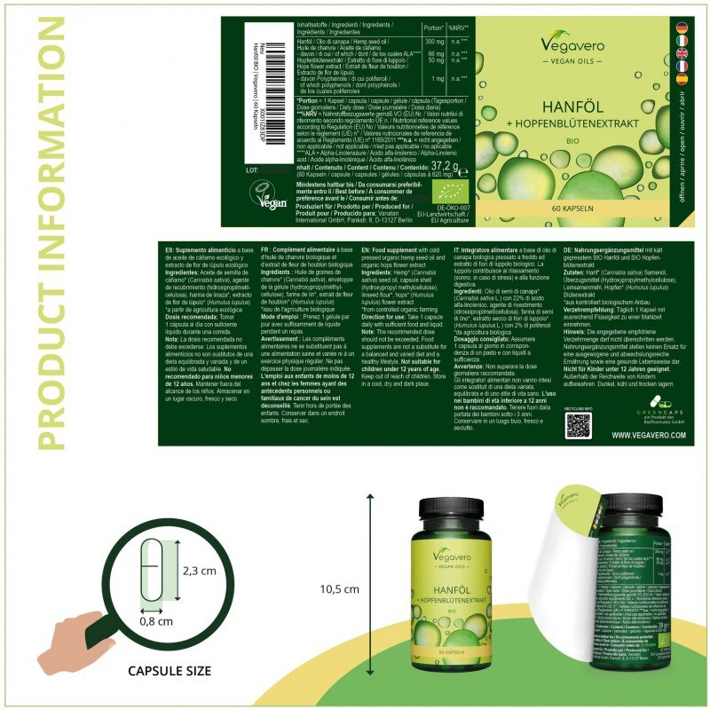 Supliment alimentar, Vegavero, Organic Hemp & Hop Seed Oil, 60 Capsule ...