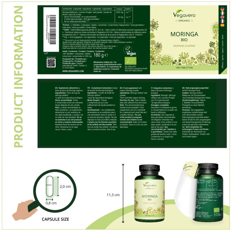 Supliment alimentar, Vegavero, Organic Moringa Oleifera, 1000 mg, 180 ...