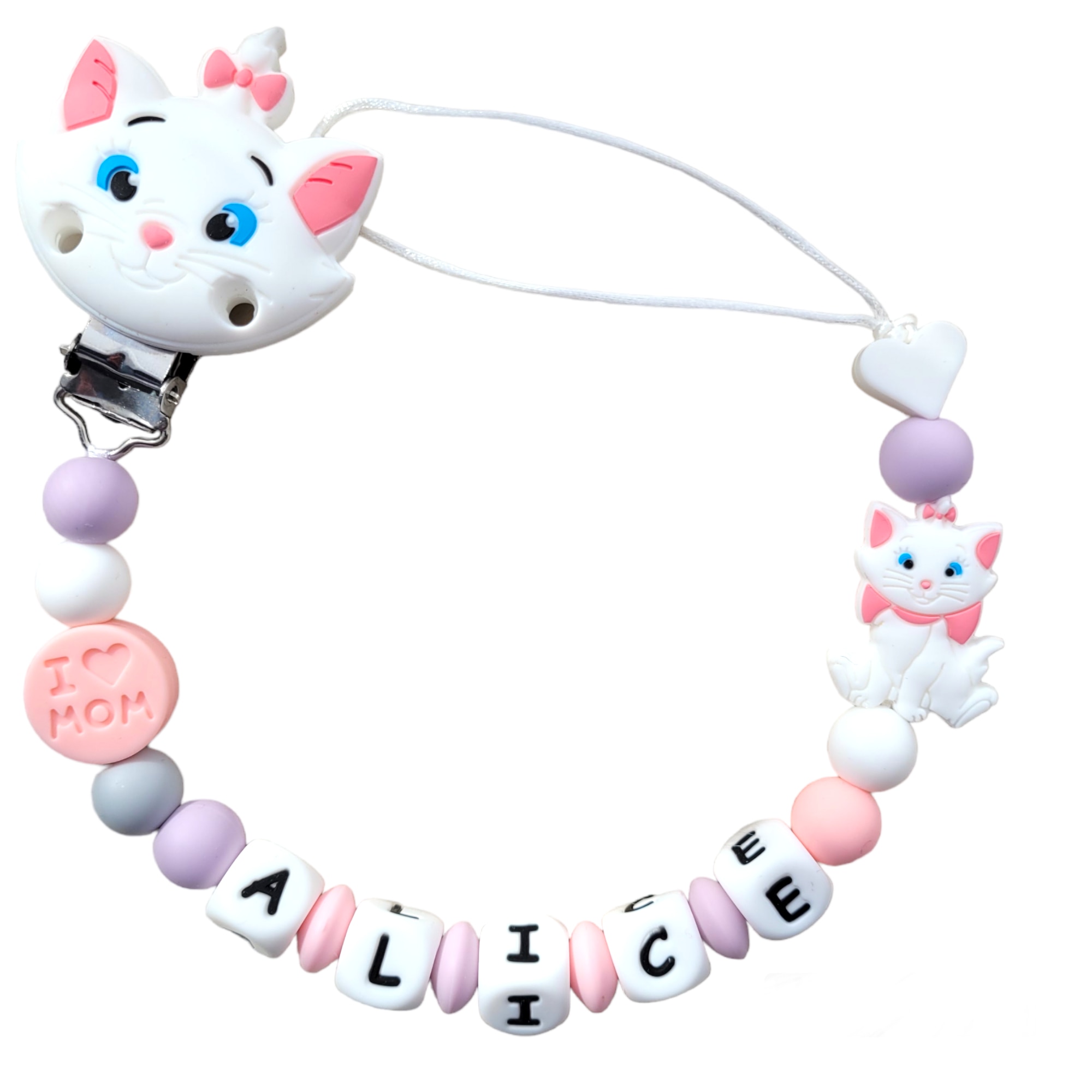 Lantisor pentru suzeta din silicon alimentar, Pisicuta Marie lila - eMAG.ro