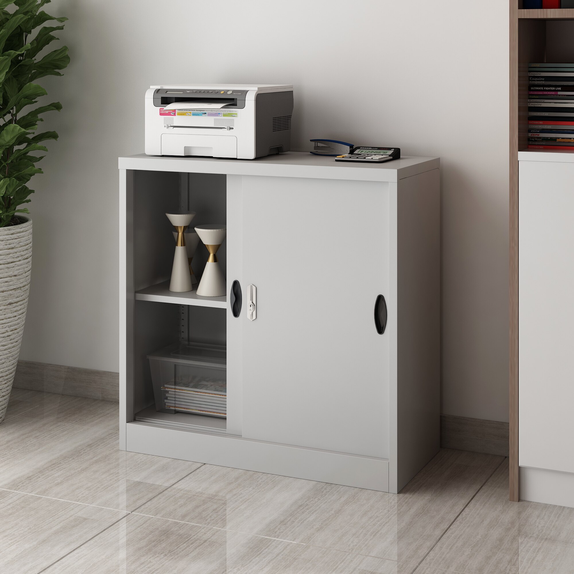 Dulap birou, en.casa, Rieti, 90 x 40 x 90 cm, otel, gri deschis, cu 2 ...