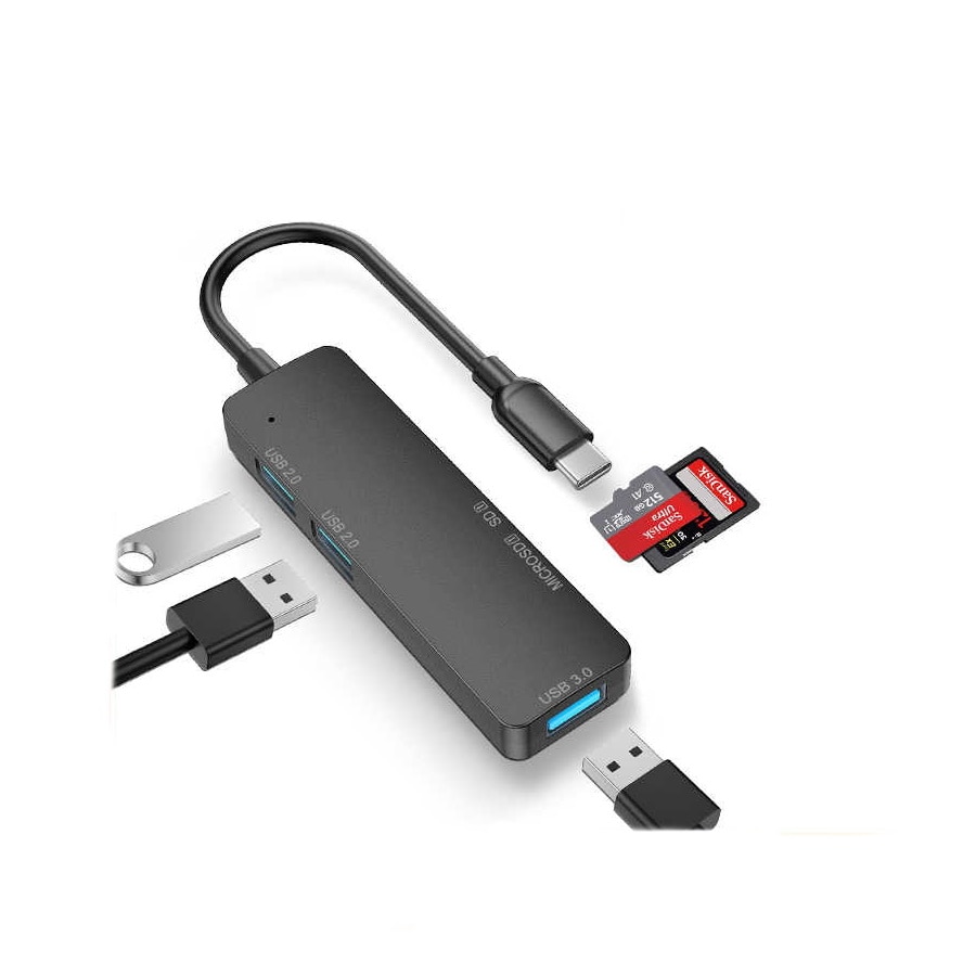 Hub USB Nelbo, 5 in 1, USB Type C la USB, microSD, SD, cu led, negru ...