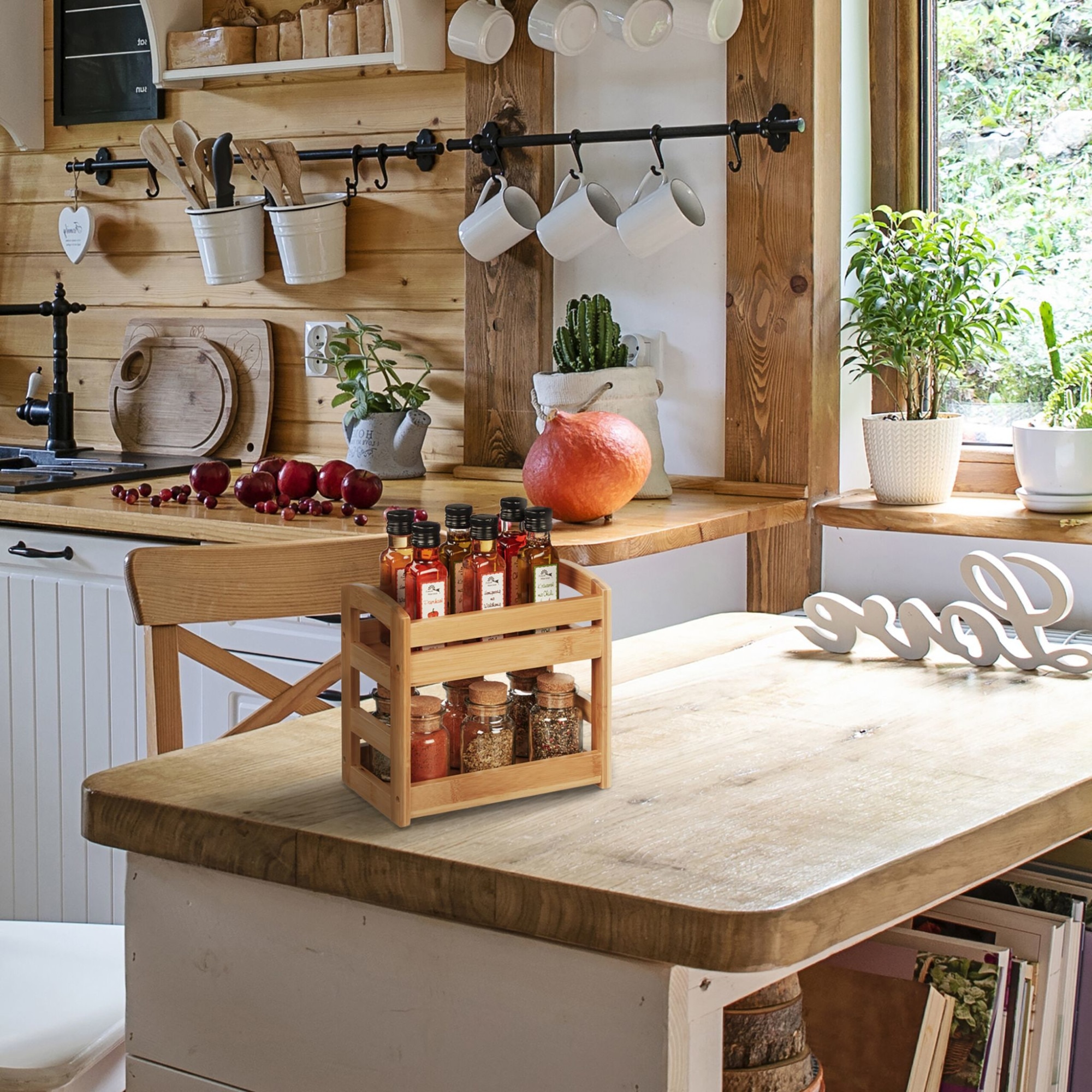 Raft pentru condimente din bambus, 2 polite, 25 x 25 x 7 cm - eMAG.ro