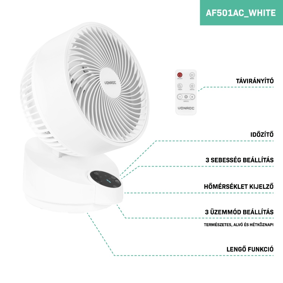 Asztali ventilátor, VONROC, AF501AC_WHITE, luxus, nagyon halk, 3 ...