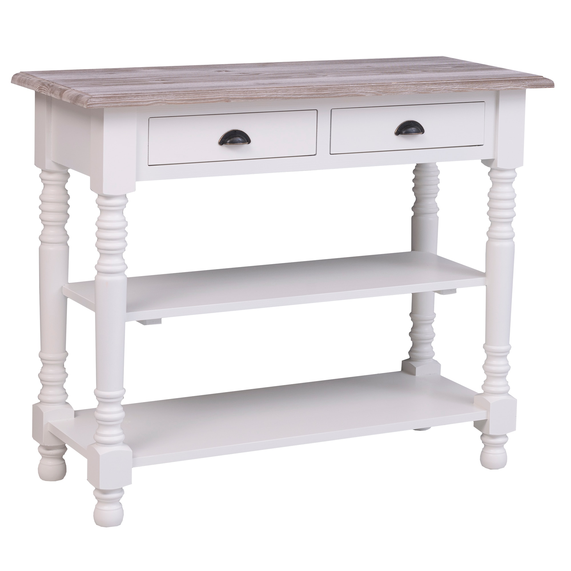 Consola cu picioare strunjite, doua rafturi si sertare, culoare top gri ...