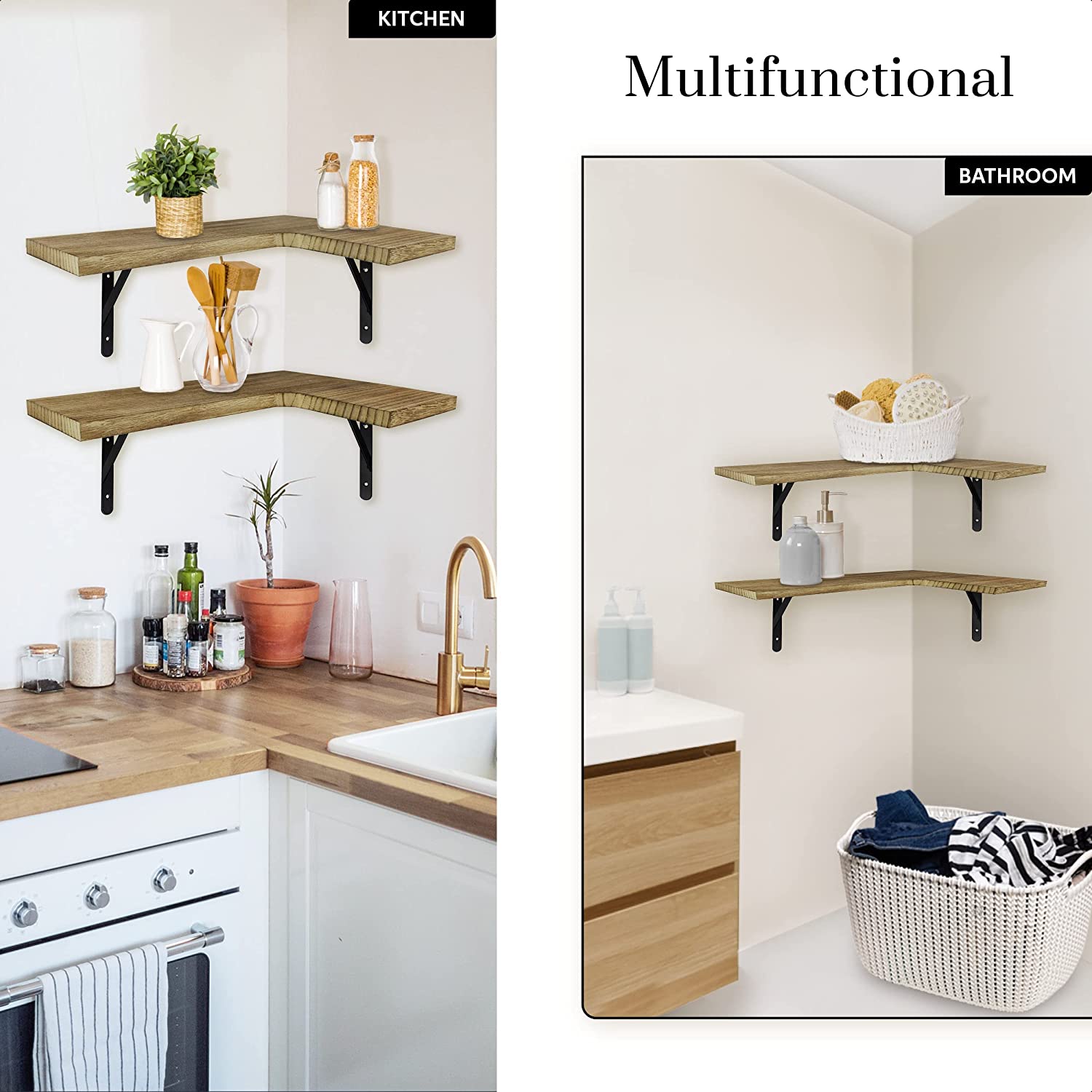 Set 2 rafturi de colt suspendat, din lemn de paulownia, pentru ...