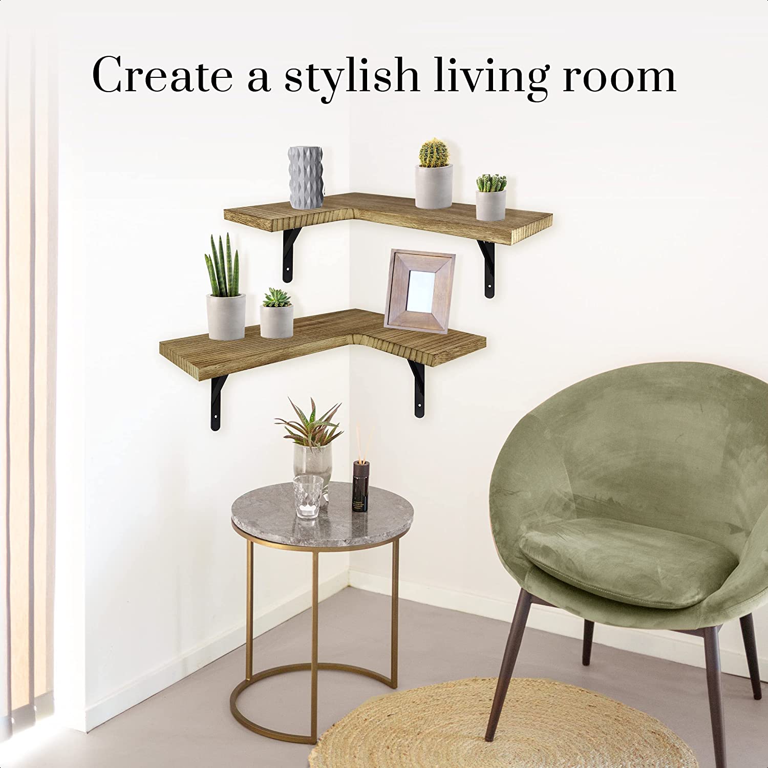 Set 2 rafturi de colt suspendat, din lemn de paulownia, pentru ...